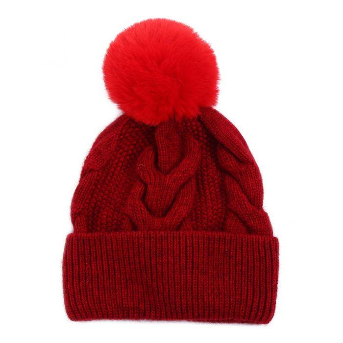 Cable Knit Red Pom Pom Hat – Franklins